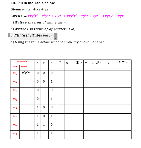 Solved III. Fill in the Table below Given: p=xy+xz+yz Given | Chegg.com