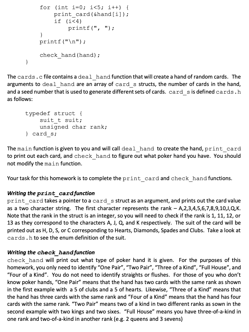 Solved In this homework, you will simulate a poker hand | Chegg.com