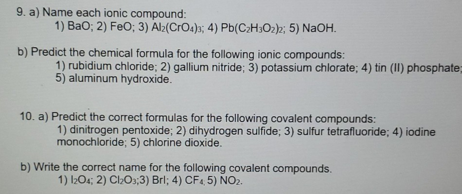 Solved 9. a) Name each ionic compound: 1) BaO; 2) FeO; 3) | Chegg.com