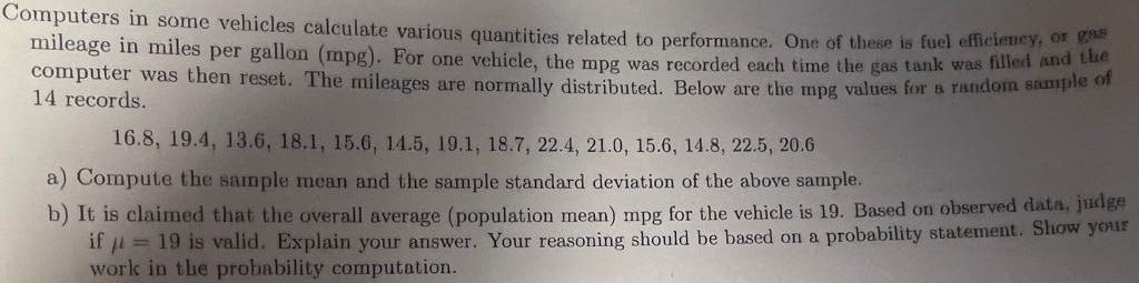 Solved Computers in some vehicles calculate various | Chegg.com