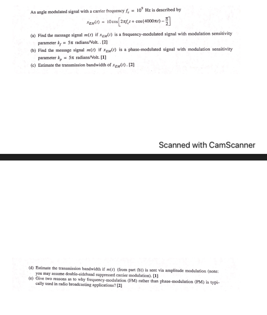 Solved An angle modulated signal with a carrier frequency fs | Chegg.com