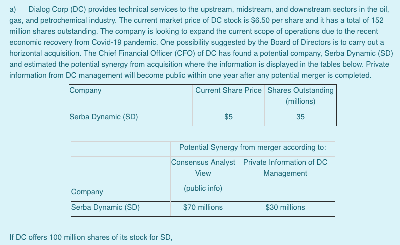 Solved a) Dialog Corp (DC) provides technical services to | Chegg.com