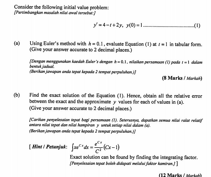Solved Consider the following initial value problem: | Chegg.com