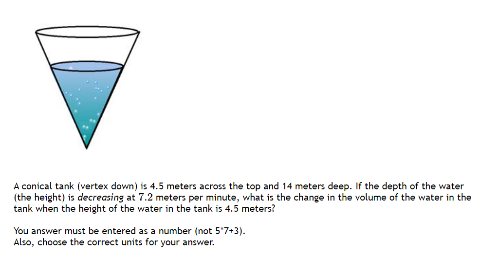 Solved A conical tank (vertex down) is 4.5 meters across the | Chegg.com
