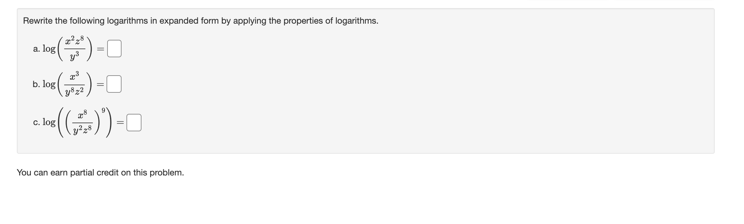 Solved Rewrite the following logarithms in expanded form by | Chegg.com