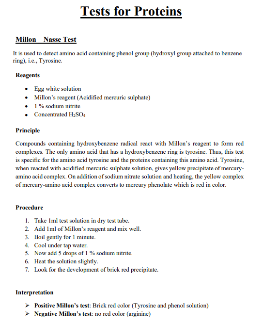 Solved Tests for Proteins Millon – Nasse Test It is used to | Chegg.com