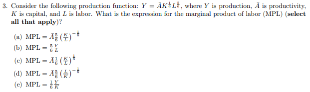 Solved 3. Consider the following production function: | Chegg.com