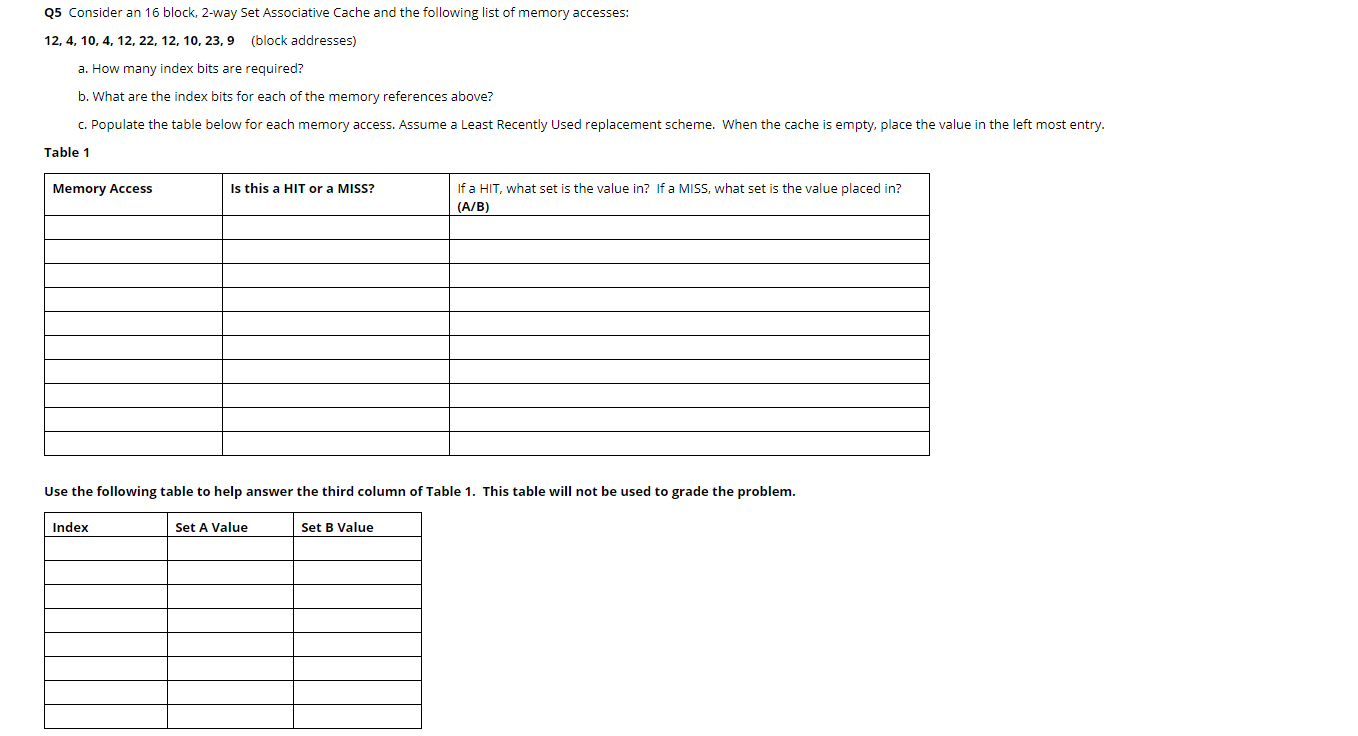 Solved Q5 Consider an 16 block, 2-way Set Associative Cache | Chegg.com