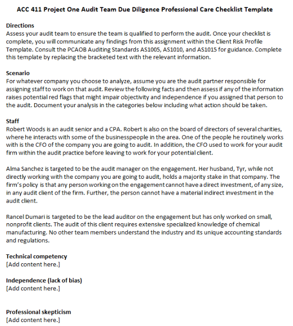 Solved ACC 411 Project One Audit Team Due Diligence | Chegg.com