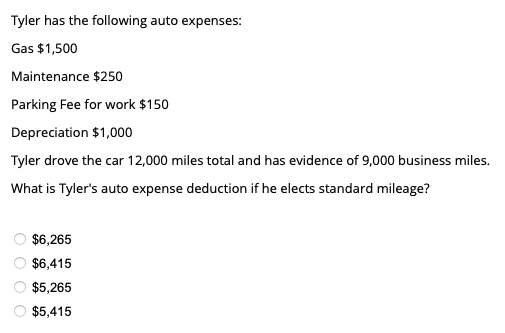 Solved Tyler has the following auto expenses: Gas$1,500 | Chegg.com