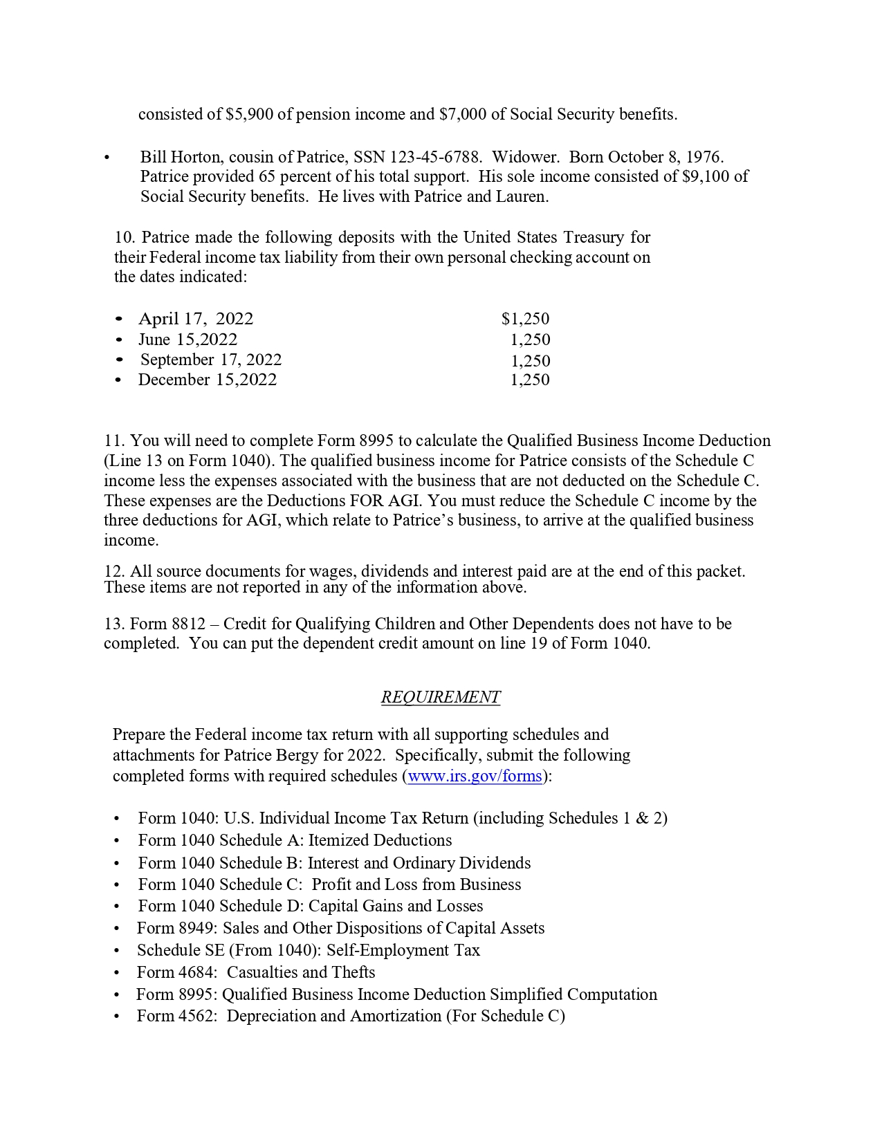 Solved INDIVIDUAL TAX RETURN PROJECT PATRICE BERGY | Chegg.com