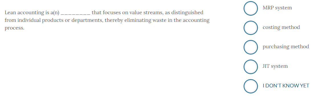 Solved Lean accounting is a(n) ﻿that focuses on value | Chegg.com