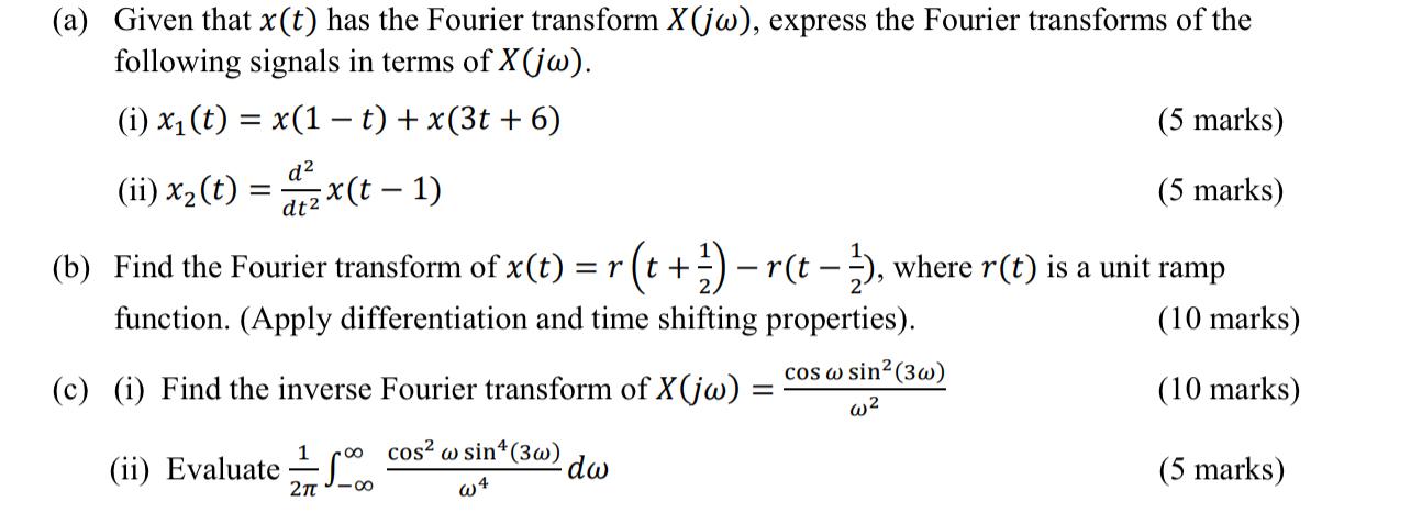 Solved (a) Given that x(t) has the Fourier transform X(jw), | Chegg.com