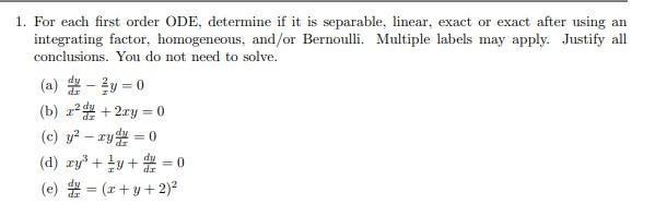 Solved 1. For each first order ODE, determine if it is | Chegg.com