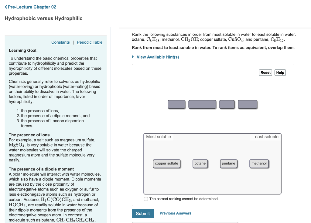 Solved Organic Chemistry 1 - Hydrophobic vs Hydrophilic (My | Chegg.com