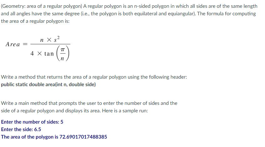 Solved (Geometry: area of a regular polygon) A regular | Chegg.com