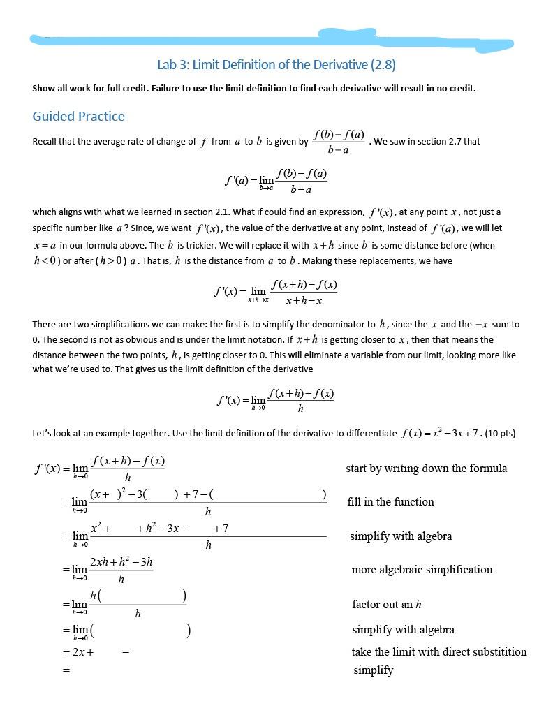 Solved Lab 3: Limit Definition of the Derivative (2.8) Show | Chegg.com