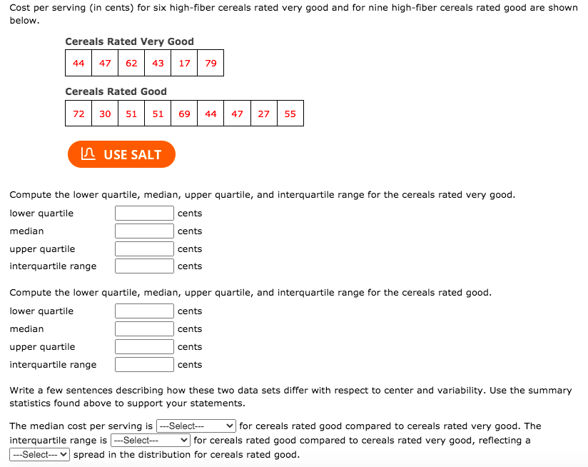 Solved The following data are costs in cents) per ounce for | Chegg.com
