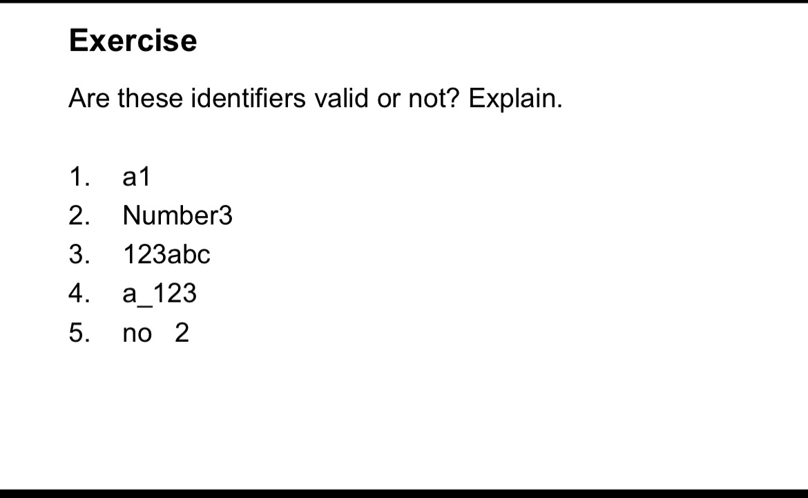 Exercise Are these identifiers valid or not? Explain. | Chegg.com