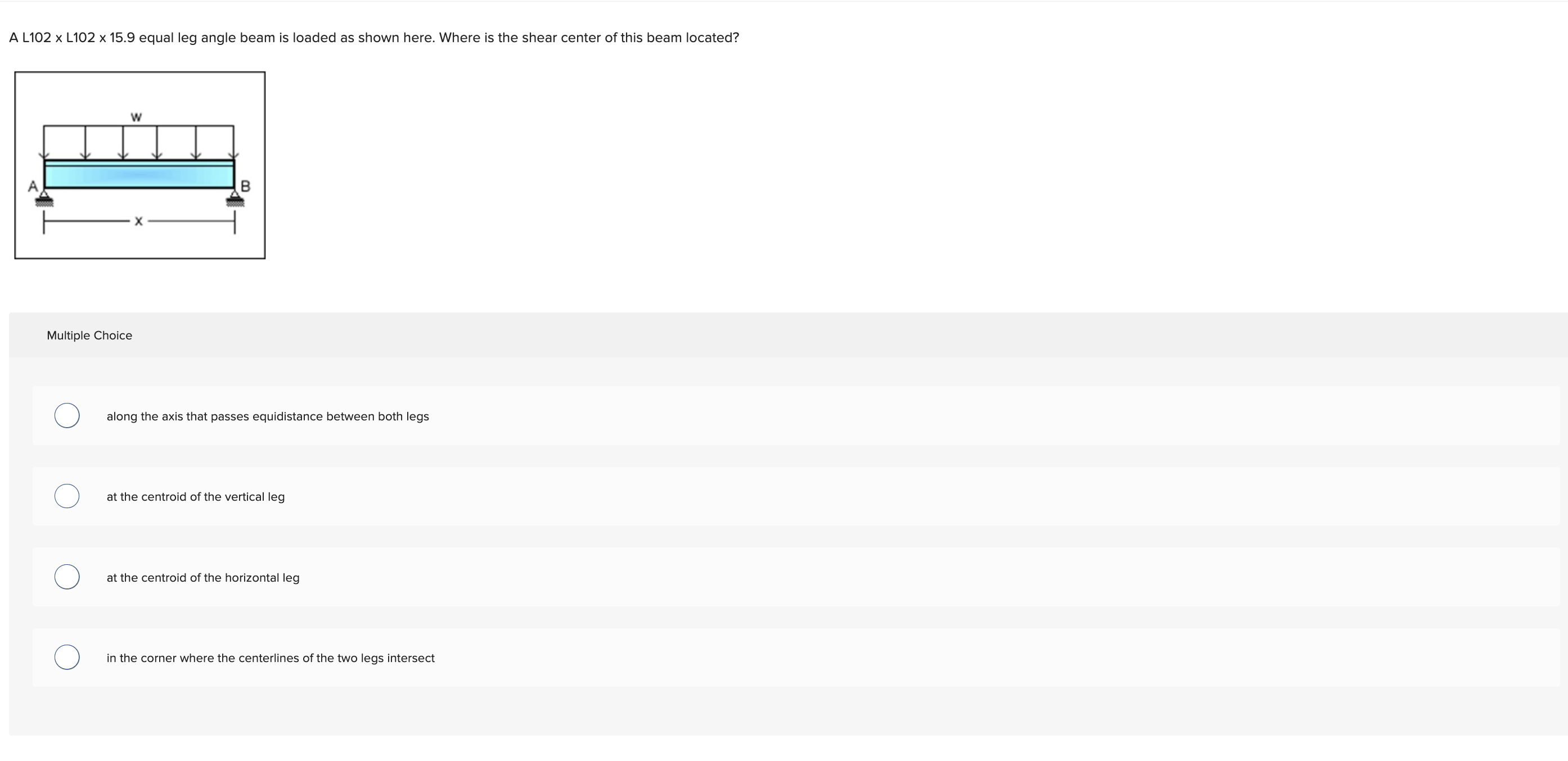 Solved A L102 × ﻿L102 ×15.9 ﻿equal leg angle beam is loaded | Chegg.com