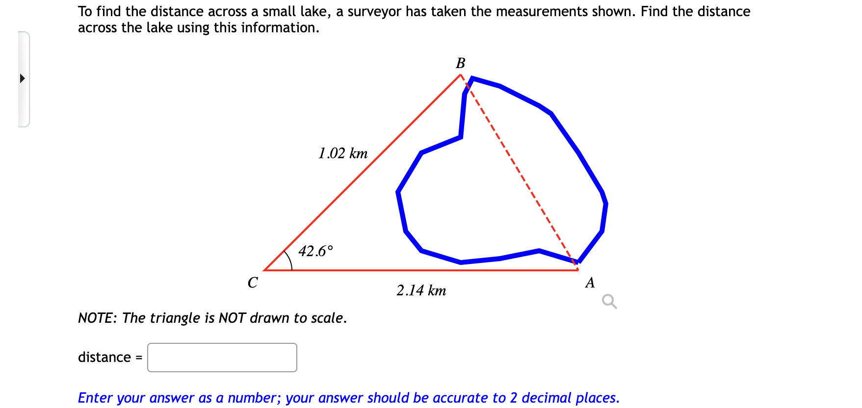 Solved To find the distance across a small lake, a surveyor | Chegg.com