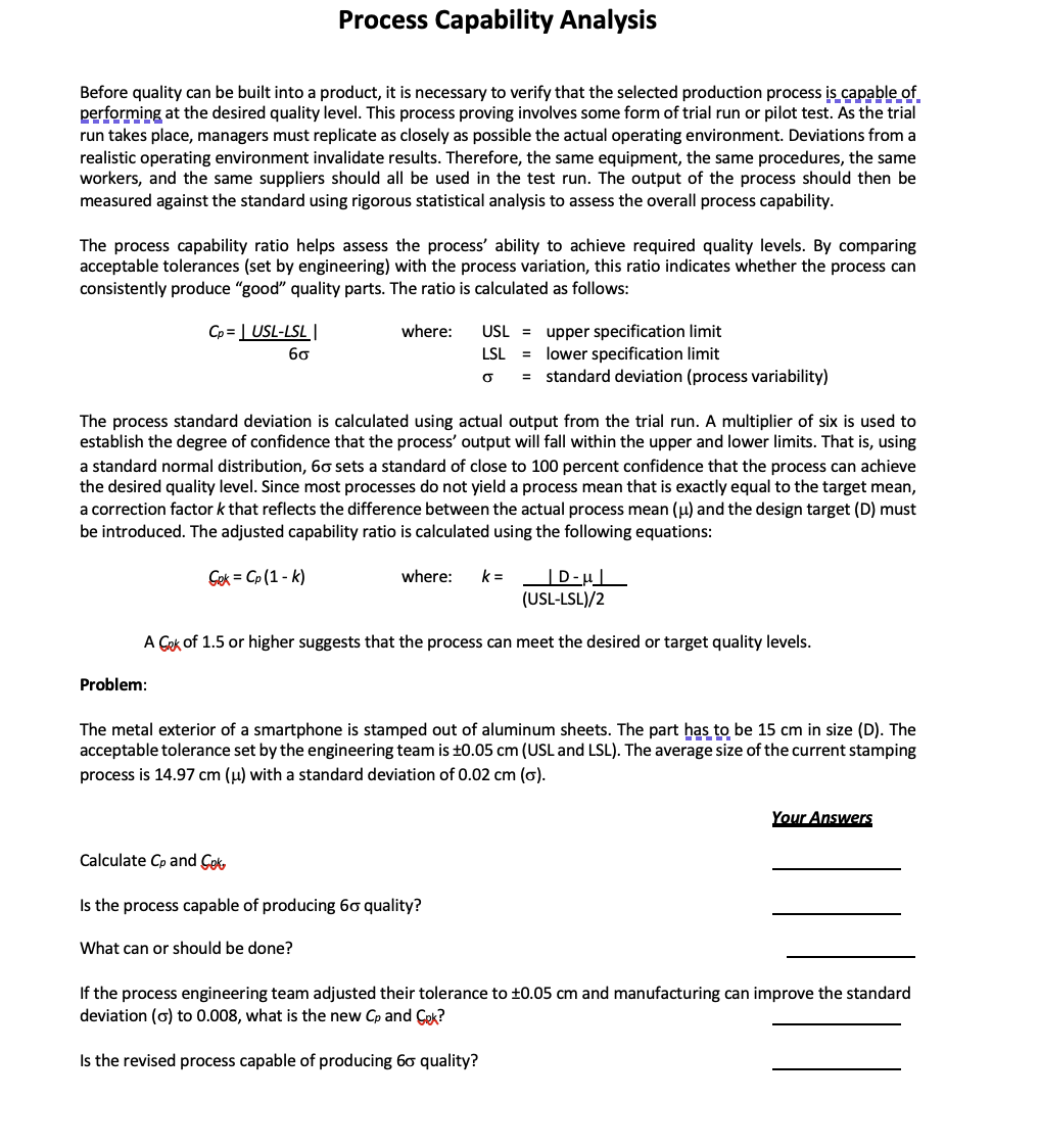 Solved Process Capability Analysis Before quality can be | Chegg.com