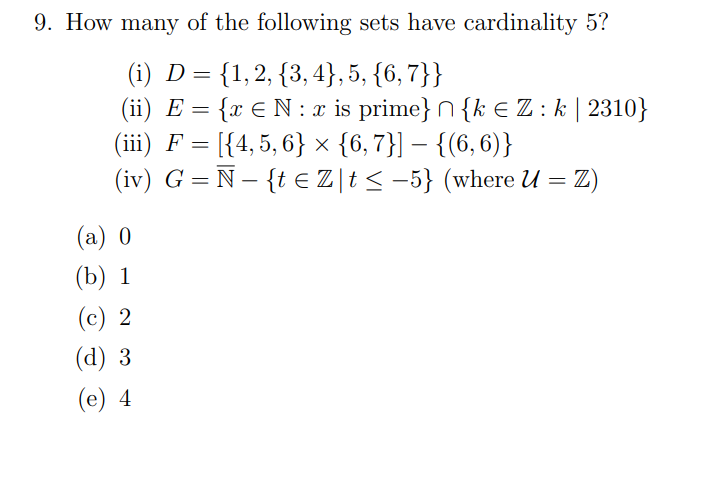 Solved 9. How many of the following sets have cardinality 5 | Chegg.com