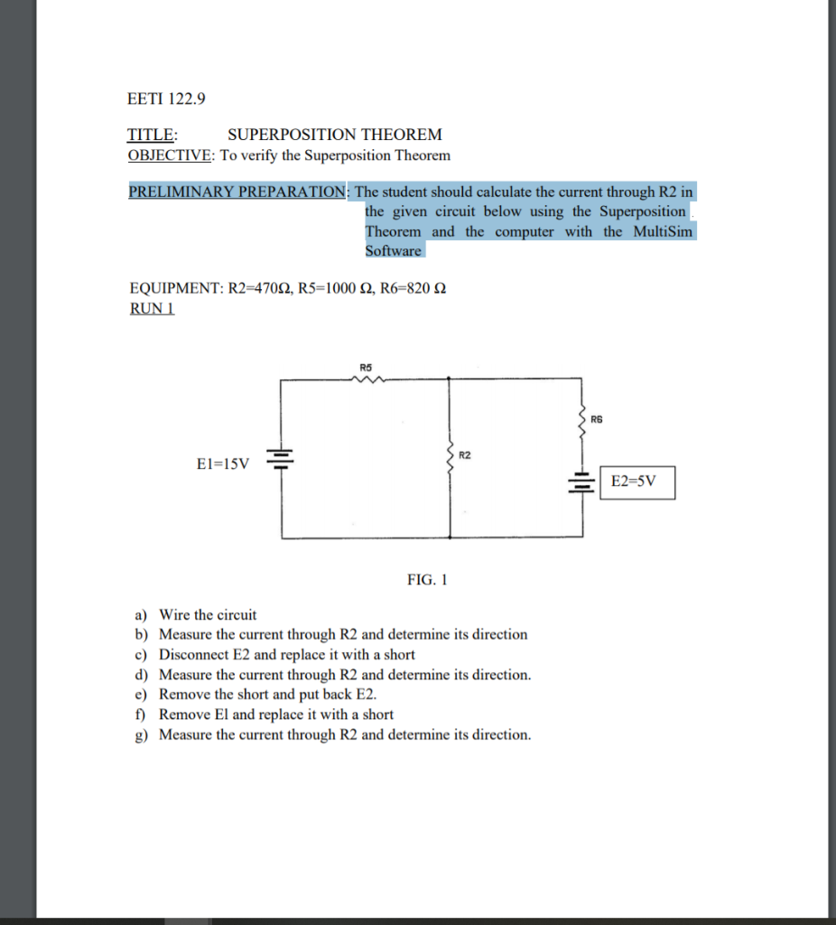 Solved EETI 122.9 TITLE: SUPERPOSITION THEOREM OBJECTIVE: To | Chegg.com