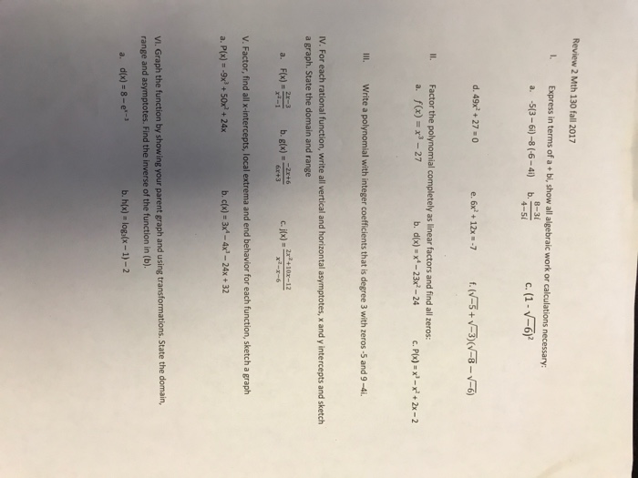 Solved Review 2 Mth 130 fall 2017 1 . Express in terms of a | Chegg.com