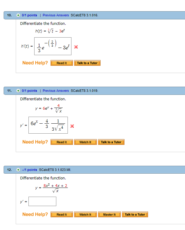 Solved 10. 0/1 points | Previous Answers SCalcET8 3.1.016 | Chegg.com