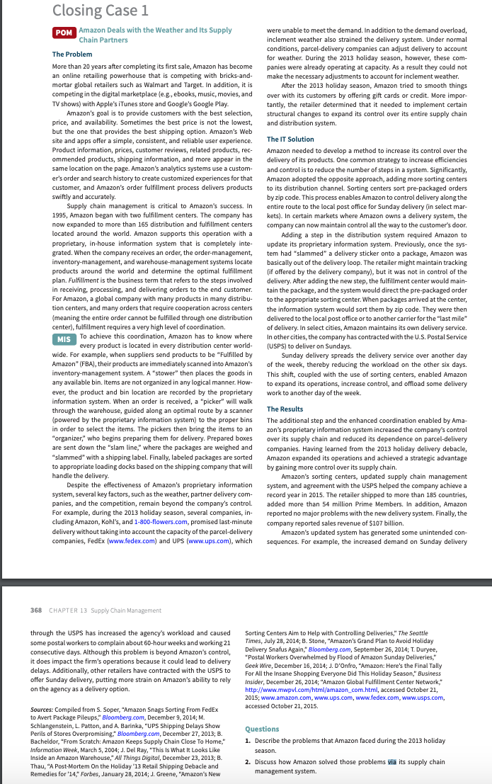 Solved Closing Case 1 POM Amazon Deals with the Weather and | Chegg.com