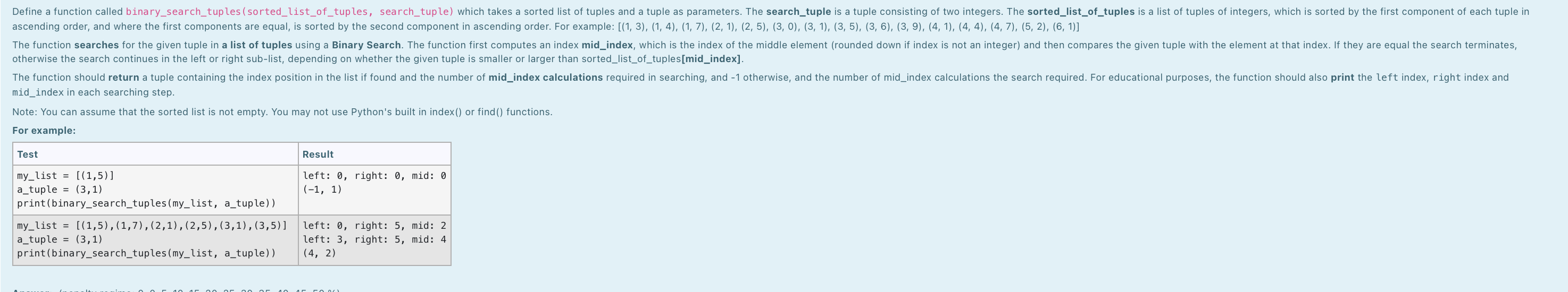 Solved Define a function called binary_search_tuples | Chegg.com