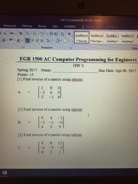 Solved Find inverse of a matrix using adjoint. A = [1 -2 3 | Chegg.com