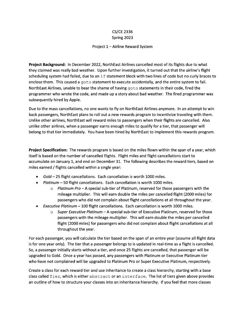 Solved CS/CE 2336 Spring 2023 Project 1 - Airline Reward | Chegg.com