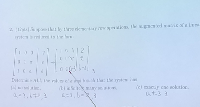 Solved 2. (12pts) Suppose that by three elementary row | Chegg.com