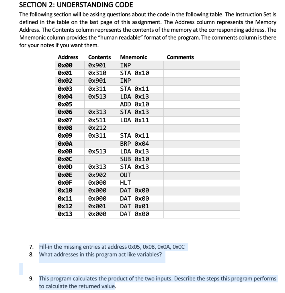 SECTION 2: UNDERSTANDING CODE The following section | Chegg.com