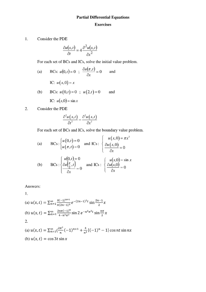 Solved Partial Differential Equations Exercises 1. Consider | Chegg.com