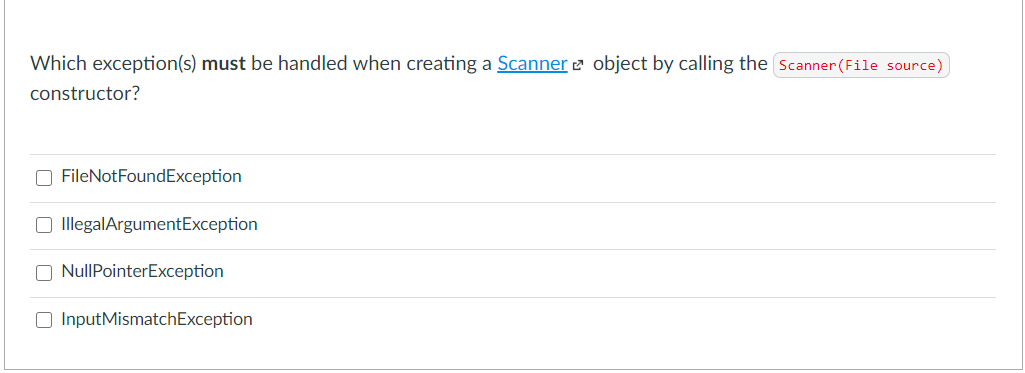 Solved Which exception(s) must be handled when creating a | Chegg.com