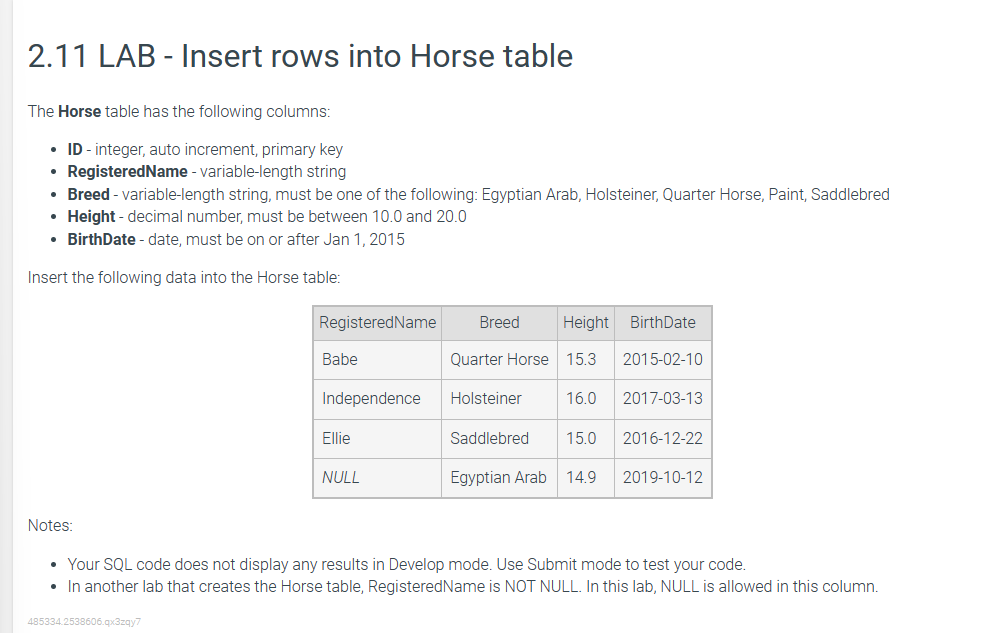 Solved 2.11 LAB - Insert rows into Horse table The Horse | Chegg.com Solved 2.11 LAB - Insert rows into Horse table The Horse | Chegg.com