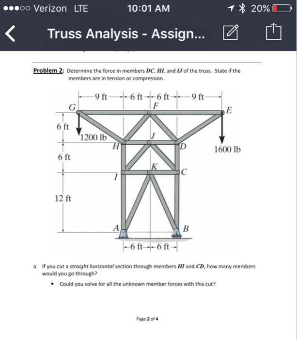 Solved oo Verizon LTE 10:01 AM イ% 20%) Truss Analysis - | Chegg.com