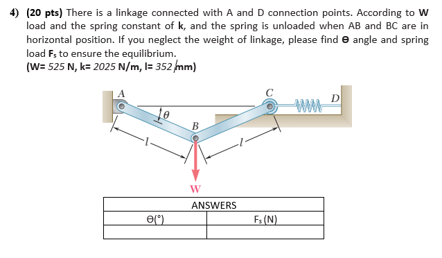 Solved 4) (20 pts) There is a linkage connected with A and D | Chegg.com