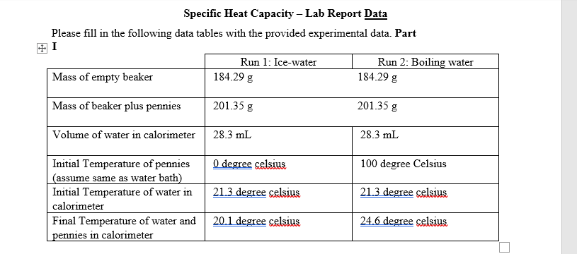 Solved Specific Heat Capacity - Lab Report Data Please fill | Chegg.com