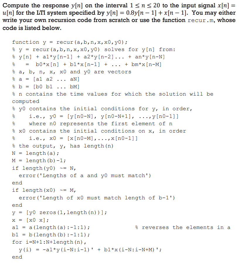 Solved Compute the response y[n] on the interval 1≤n≤20 to | Chegg.com