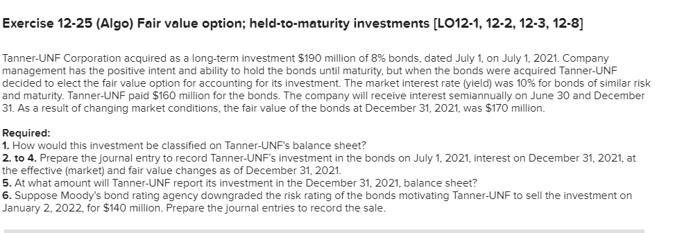 Solved Exercise 12-25 (Algo) Fair value option; | Chegg.com