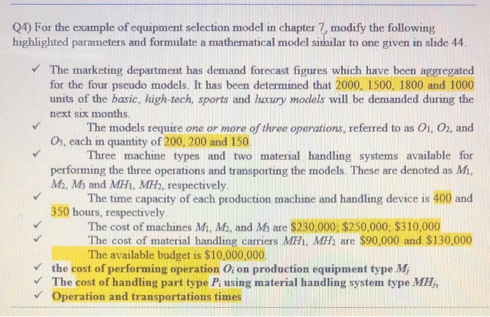 Solved (4) For the example of equipment selection model in | Chegg.com