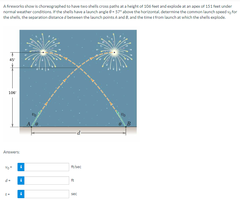 Solved A fireworks show is choreographed to have two shells | Chegg.com