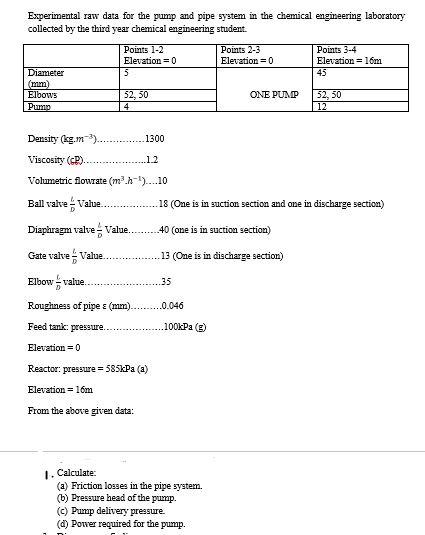Solved Experimental raw data for the pump and pipe system in | Chegg.com