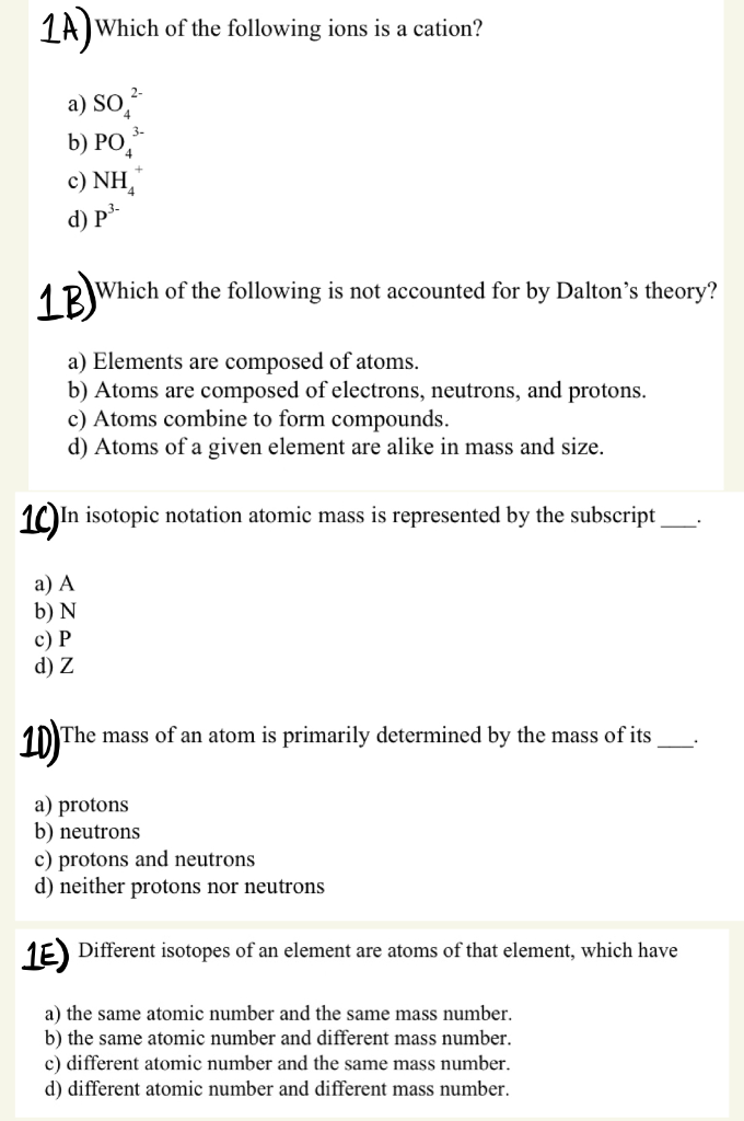 Solved 1A)W Which of the following ions is a cation? 2- a) | Chegg.com