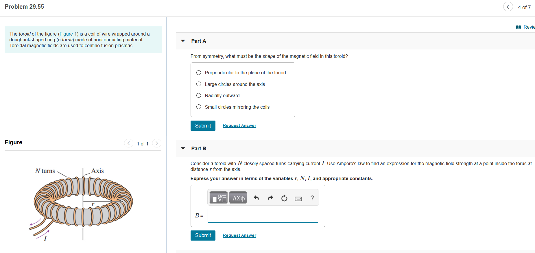 Solved The toroid of the figure (Figure 1) is a coil of wire | Chegg.com