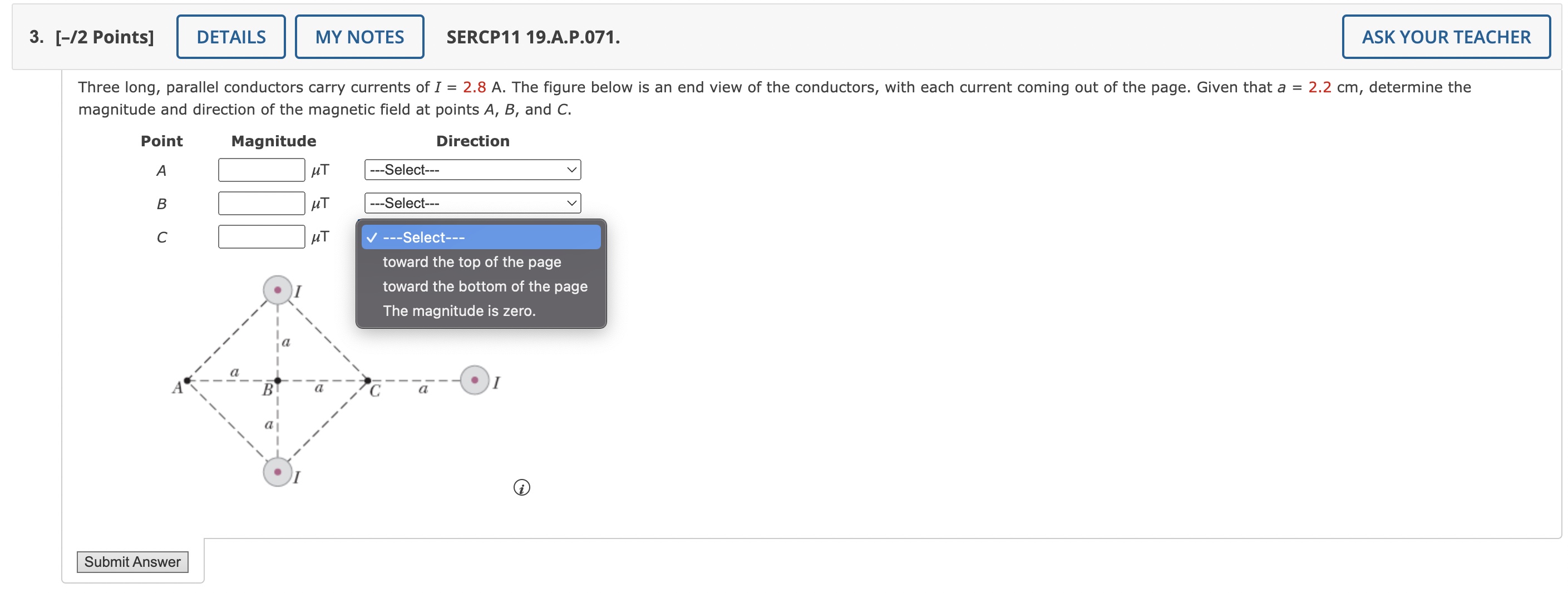 Solved 3. [-/2 ﻿Points]SERCP11 19.A.P.071.Three long, | Chegg.com